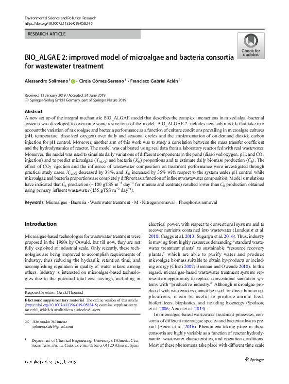 (PDF) BIO_ALGAE 2: improved model of microalgae and bacteria consortia for wastewater treatment