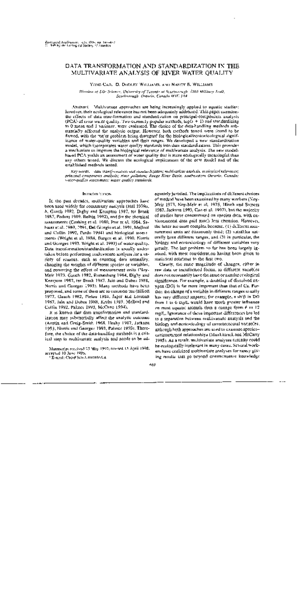 Pdf Data Transformation And Standardization In The Multivariate Analysis Of River Water