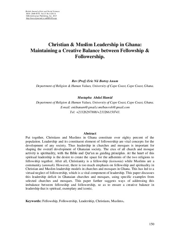 (PDF) Christian & Muslim Leadership in Ghana: Maintaining a Creative ...