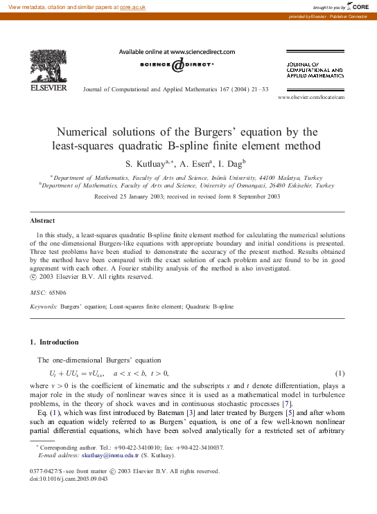 Pdf Numerical Solutions Of The Burgers Equation By The Least Squares Quadratic B Spline