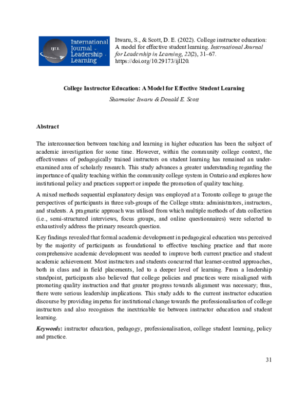 (PDF) College instructor education: A model for effective student learning