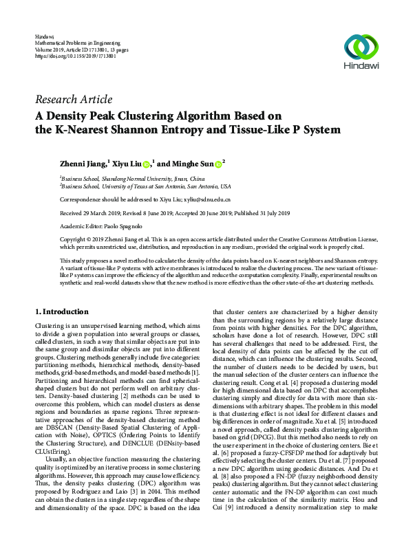 (PDF) A Density Peak Clustering Algorithm Based on the K-Nearest Shannon Entropy and Tissue-Like ...
