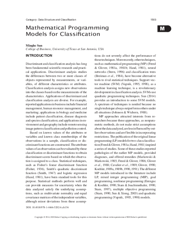 (PDF) Mathematical Programming Models for Classification