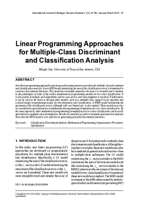 (PDF) Linear Programming Approaches for Multiple-Class Discriminant and ...