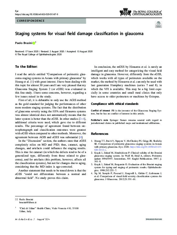 (PDF) Staging systems for visual field damage classification in glaucoma