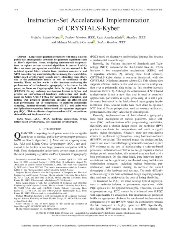 (PDF) Instruction-Set Accelerated Implementation of CRYSTALS-Kyber