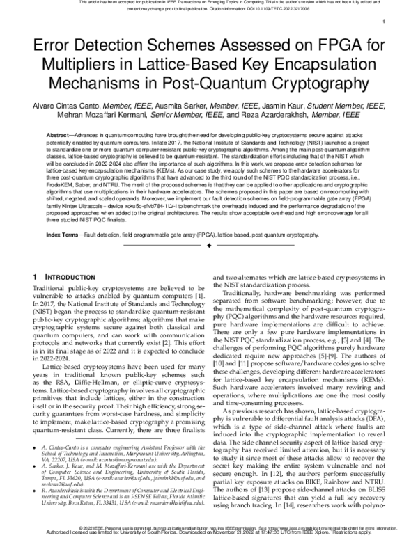 (PDF) Error Detection Schemes Assessed on FPGA for Multipliers in Lattice-Based Key ...