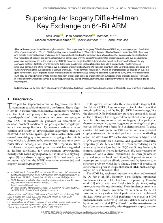 (PDF) Supersingular Isogeny Diffie-Hellman Key Exchange on 64-Bit ARM