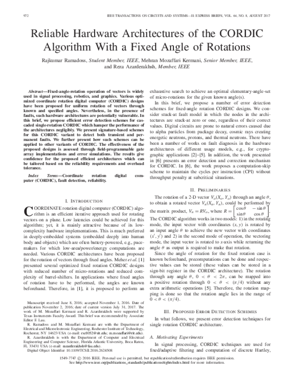 (PDF) Reliable Hardware Architectures of the CORDIC Algorithm With a Fixed Angle of Rotations ...