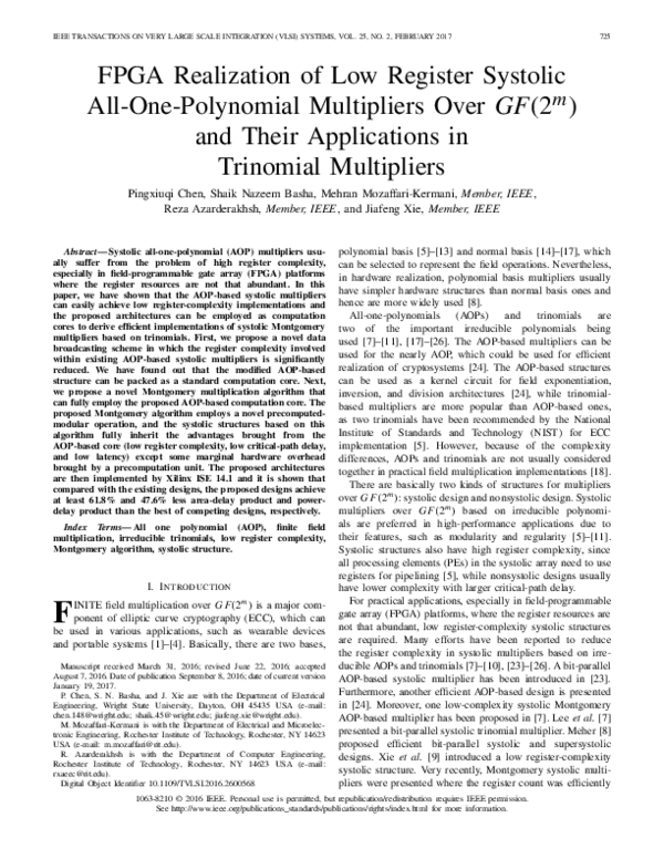 (PDF) FPGA Realization of Low Register Systolic All-One-Polynomial Multipliers Over GF (2m ) and ...