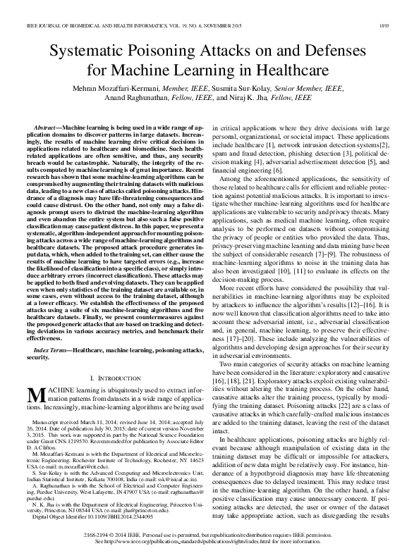 (PDF) Systematic Poisoning Attacks on and Defenses for Machine Learning ...