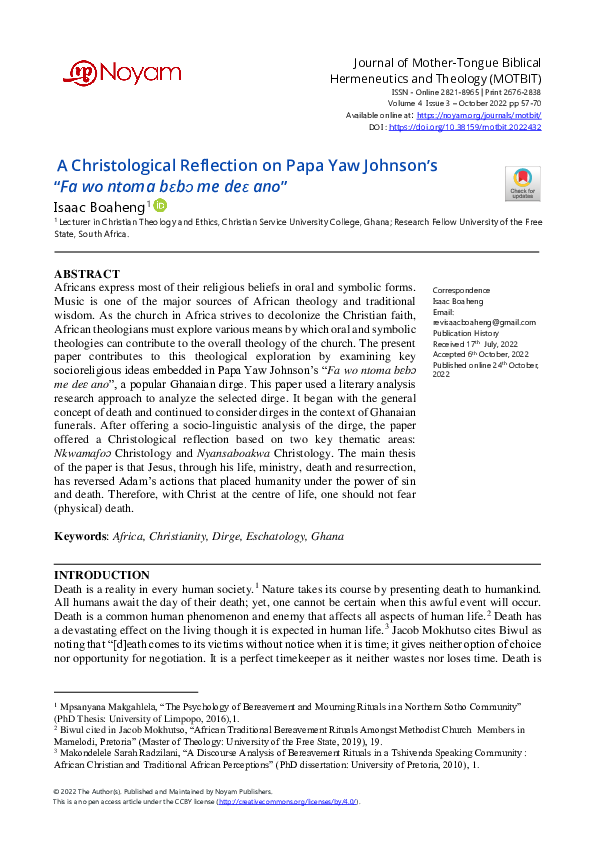 (PDF) A Christological Reflection on Papa Yaw Johnson’s “Fa wo ntoma ...