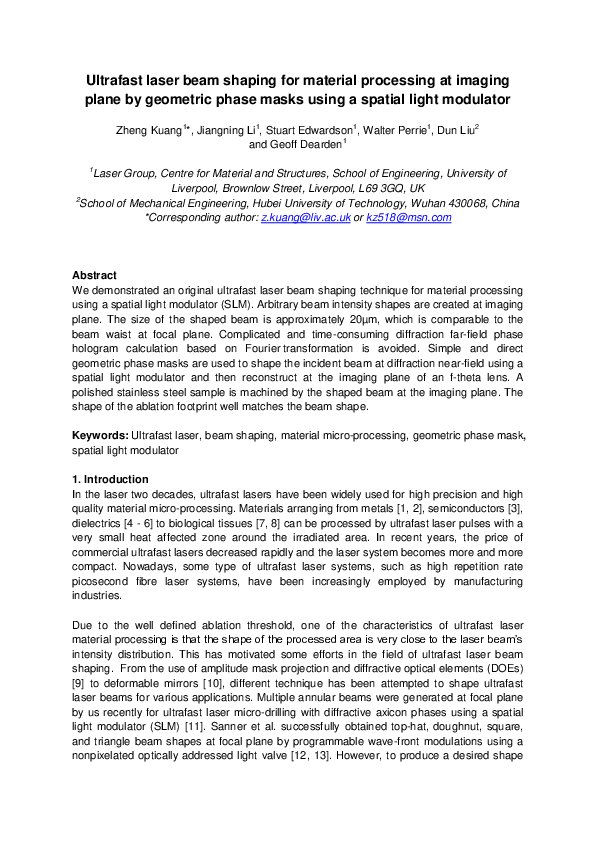 (PDF) Ultrafast laser beam shaping for material processing at imaging plane by geometric masks ...