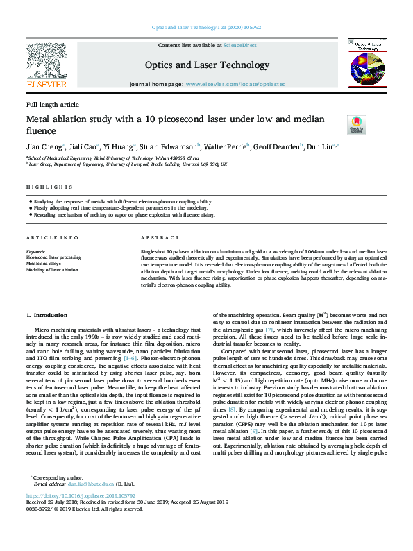 (PDF) Metal ablation study with a 10 picosecond laser under low and ...