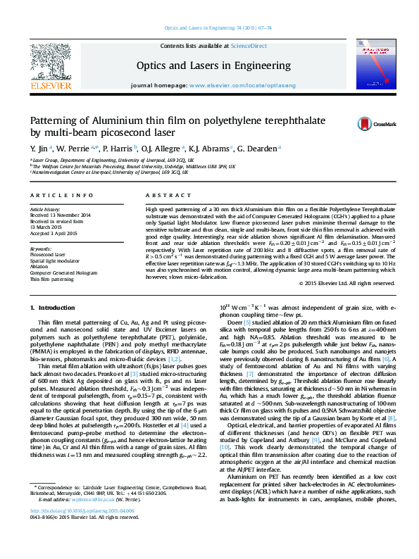 Pdf Patterning Of Aluminium Thin Film On Polyethylene Terephthalate By Multi Beam Picosecond Laser