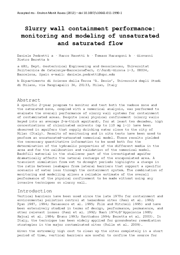 (PDF) Slurry wall containment performance: monitoring and modeling of ...