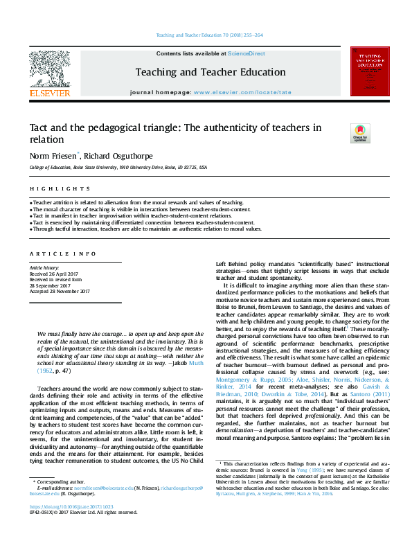 (PDF) Tact and the pedagogical triangle: The authenticity of teachers in relation