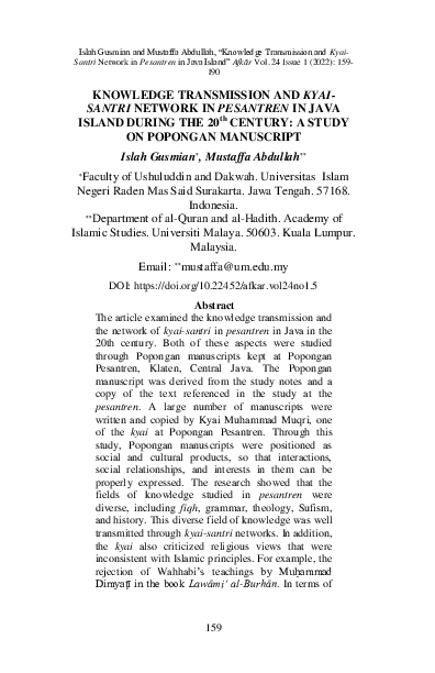 (PDF) KNOWLEDGE TRANSMISSION AND KYAI-SANTRI NETWORK IN PESANTREN IN ...