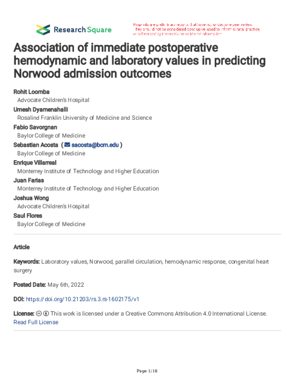 (PDF) Association of Immediate Postoperative Hemodynamic and Laboratory ...