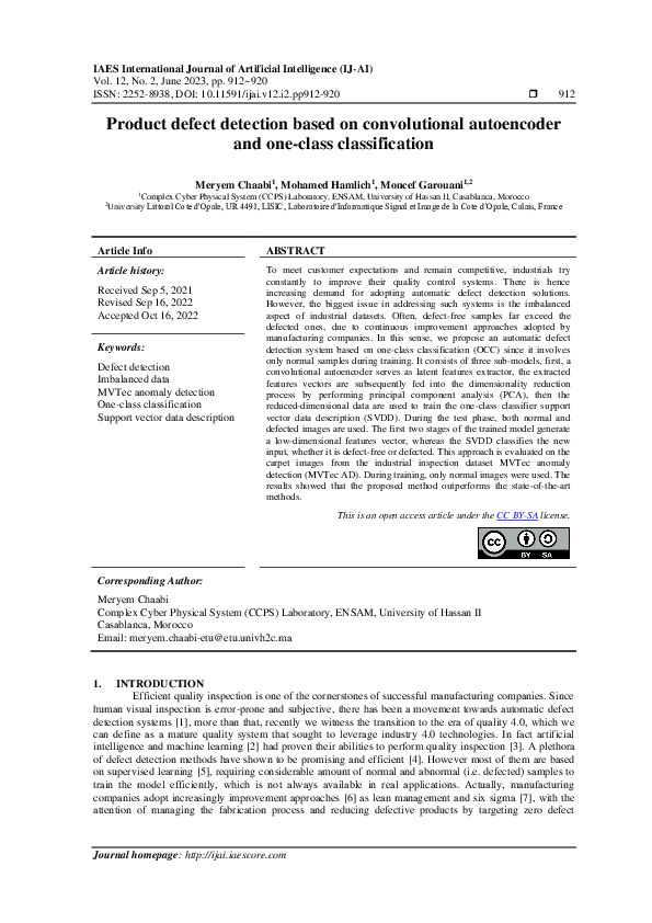 Pdf Product Defect Detection Based On Convolutional Autoencoder And One Class Classification