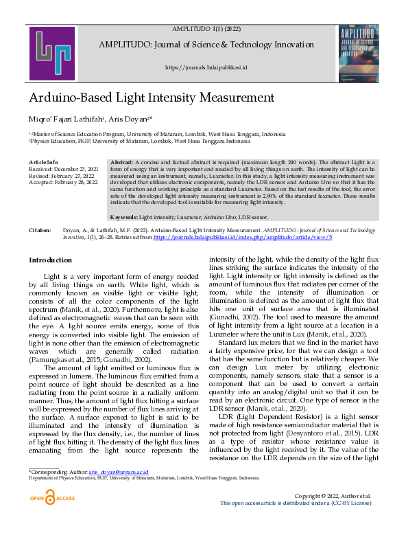 (PDF) Arduino-Based Light Intensity Measurement