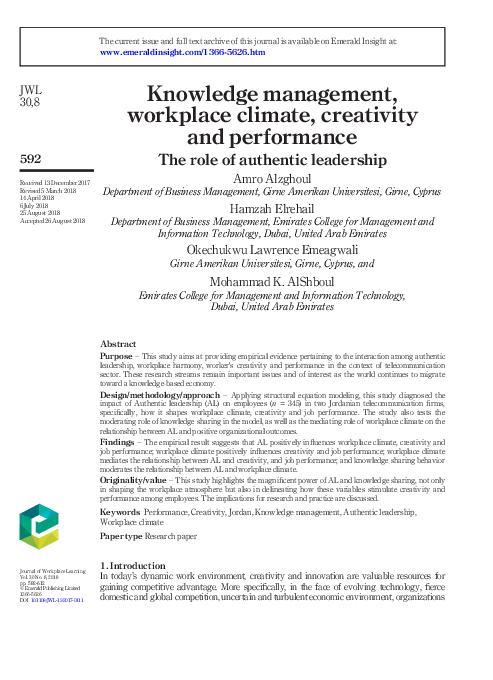 (PDF) Knowledge management, workplace climate, creativity and ...