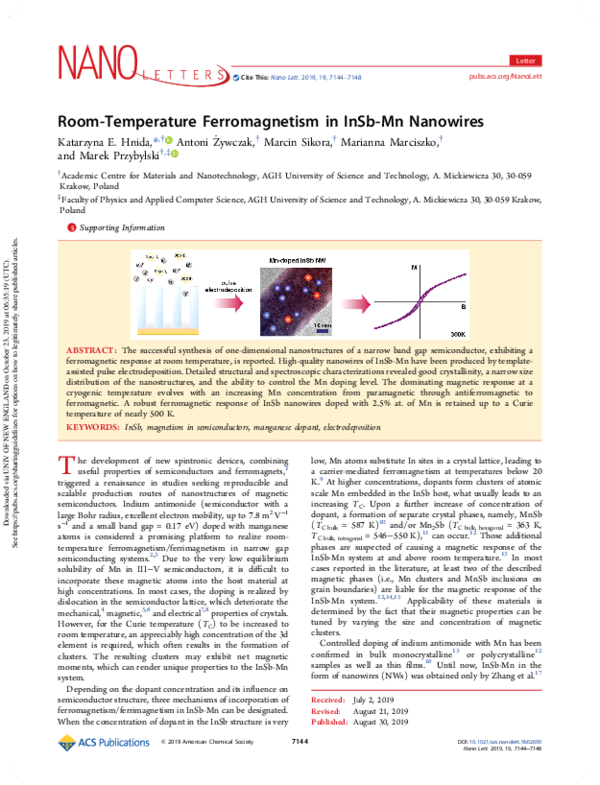 (PDF) Room-Temperature Ferromagnetism in InSb-Mn Nanowires | A. Żywczak - Academia.edu