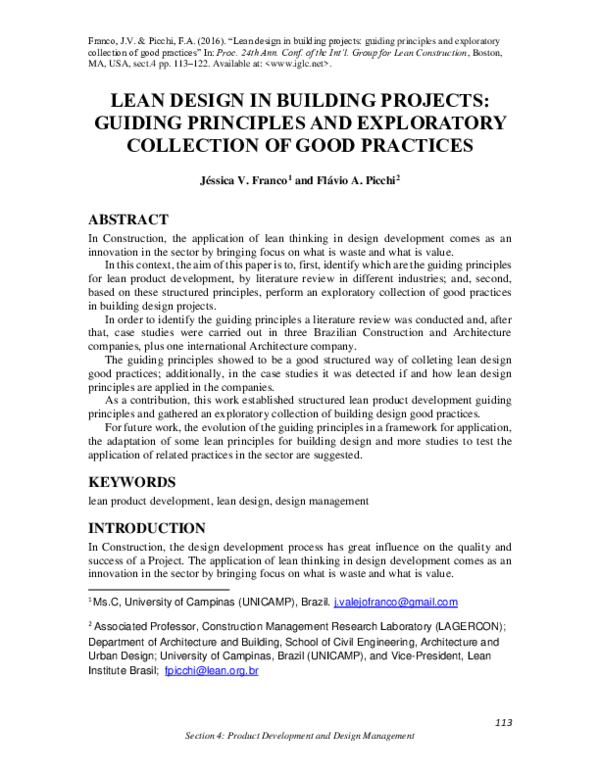 (PDF) Lean Design in Building Projects: Guiding Principles and Exploratory Collection of Good ...