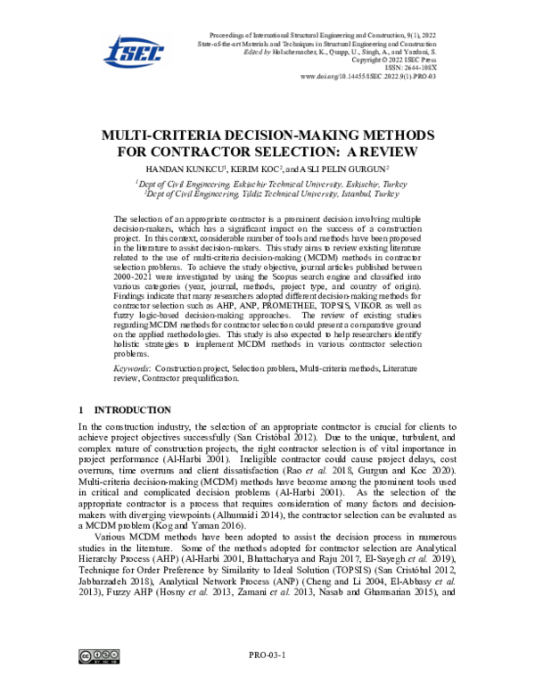 Pdf Multi Criteria Decision Making Methods For Contractor Selection A Review