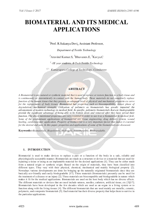 (PDF) Biomaterial and Its Medical Applications