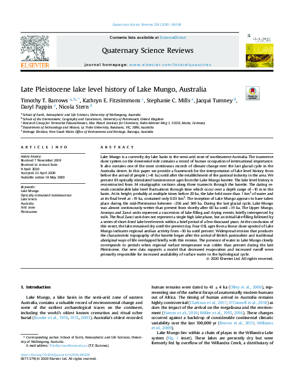 (PDF) Late Pleistocene lake level history of Lake Mungo, Australia