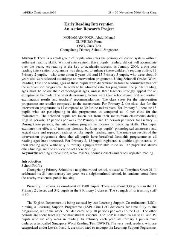 (PDF) Early Reading Intervention An Action Research Project
