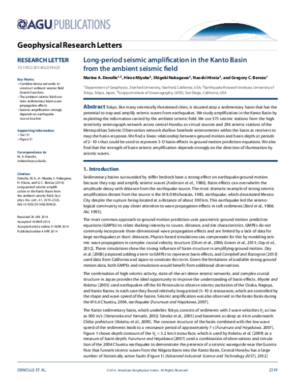 (PDF) Long-period seismic amplification in the Kanto Basin from the ...