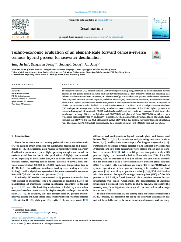(PDF) Techno-economic evaluation of an element-scale forward osmosis-reverse osmosis hybrid ...