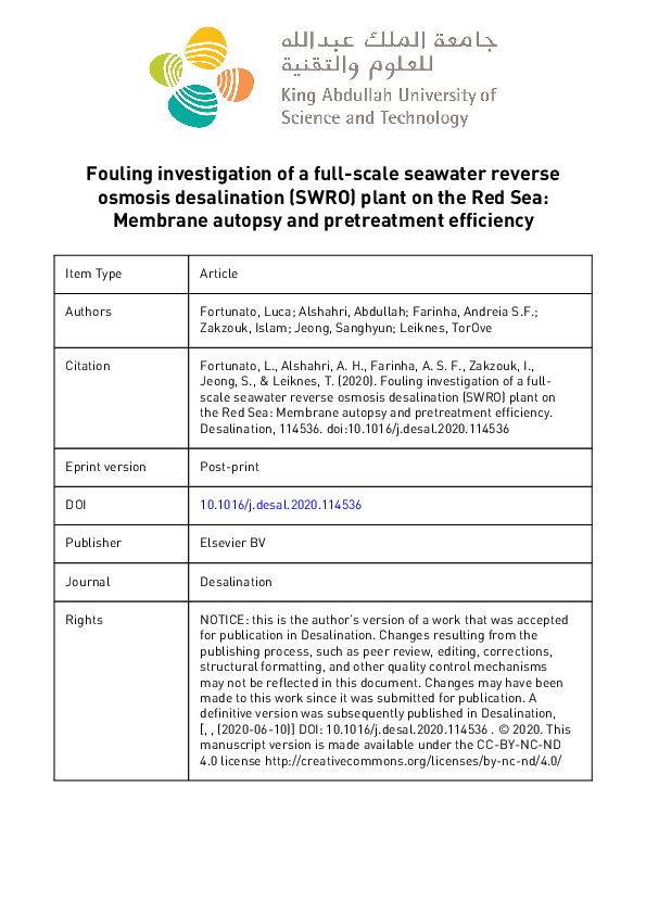 (PDF) Fouling investigation of a full-scale seawater reverse osmosis ...