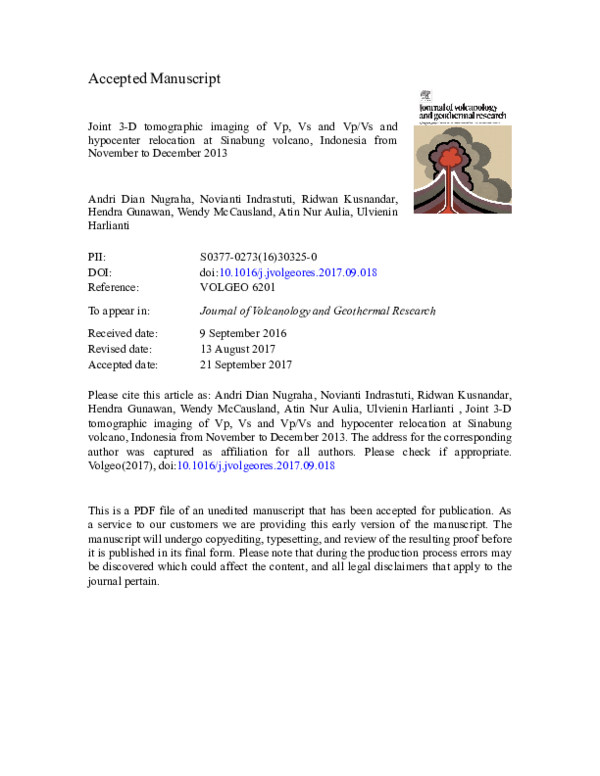 (PDF) Joint 3-D tomographic imaging of Vp, Vs and Vp/Vs and hypocenter ...