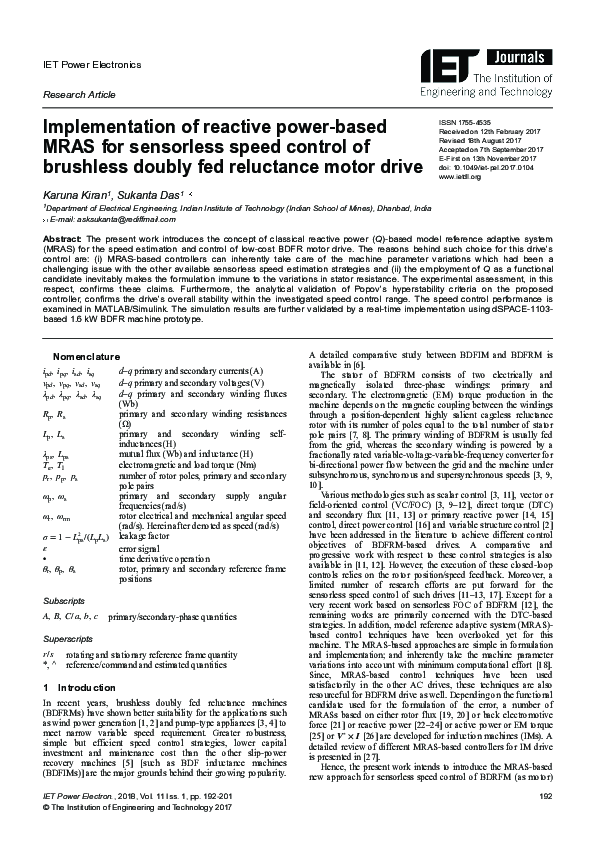 (PDF) Implementation of reactive power‐based MRAS for sensorless speed control of brushless ...