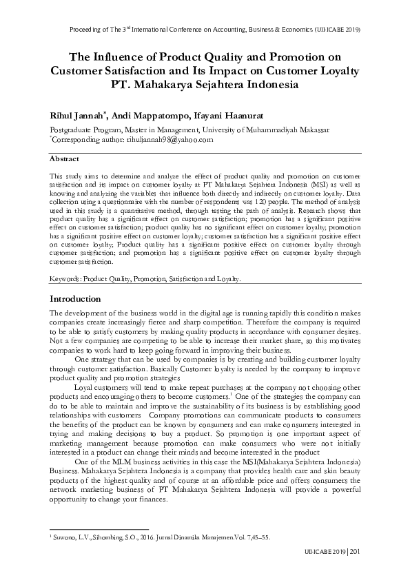 (PDF) The Influence of Product Quality and Promotion on Customer ...