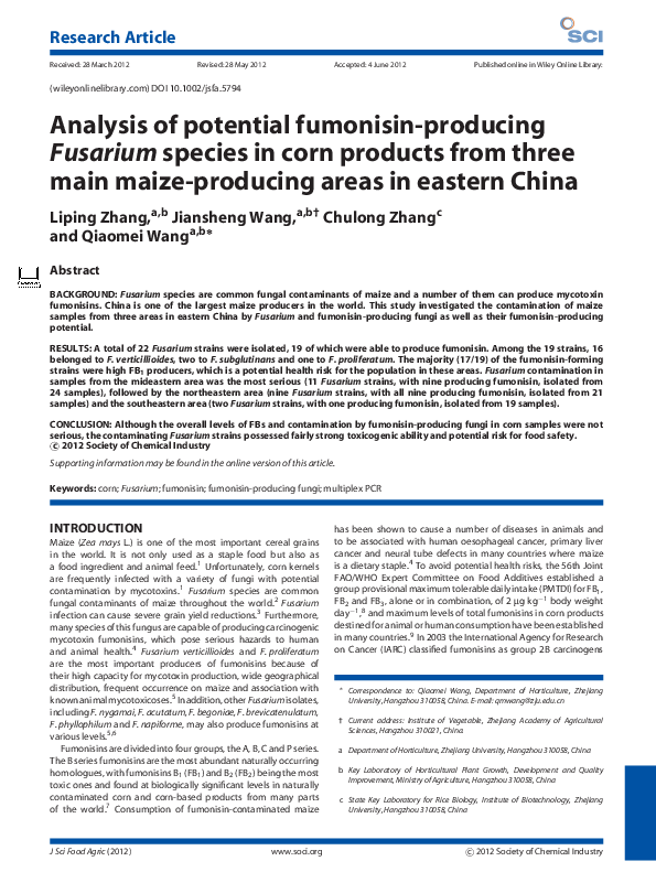 (PDF) Analysis of potential fumonisin-producing Fusarium species in corn products from three ...