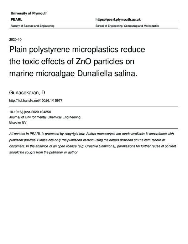 (PDF) Plain polystyrene microplastics reduce the toxic effects of ZnO particles on marine ...