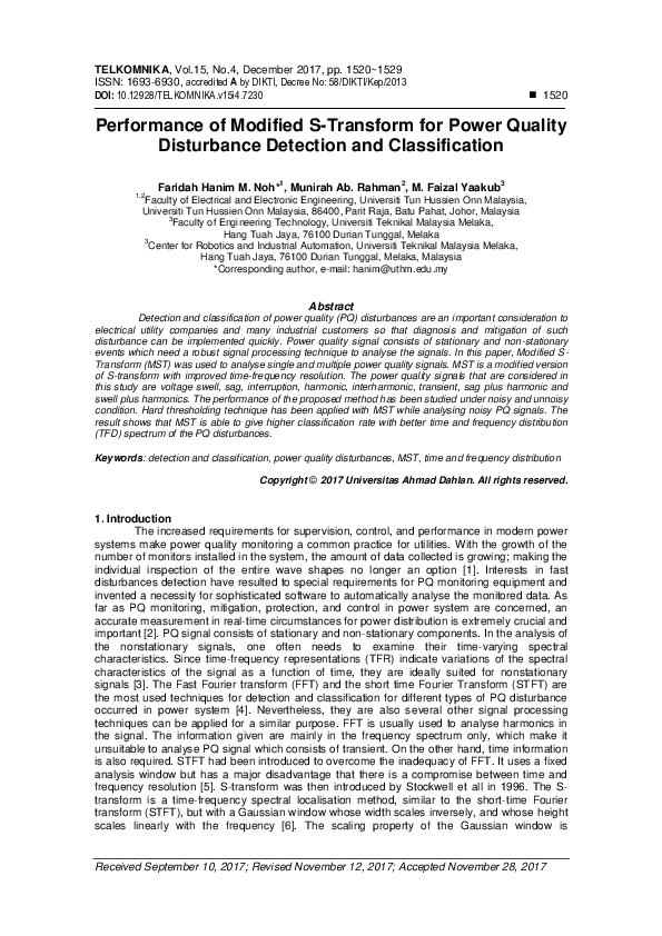 (PDF) Performance of Modified S-Transform for Power Quality Disturbance Detection and Classification