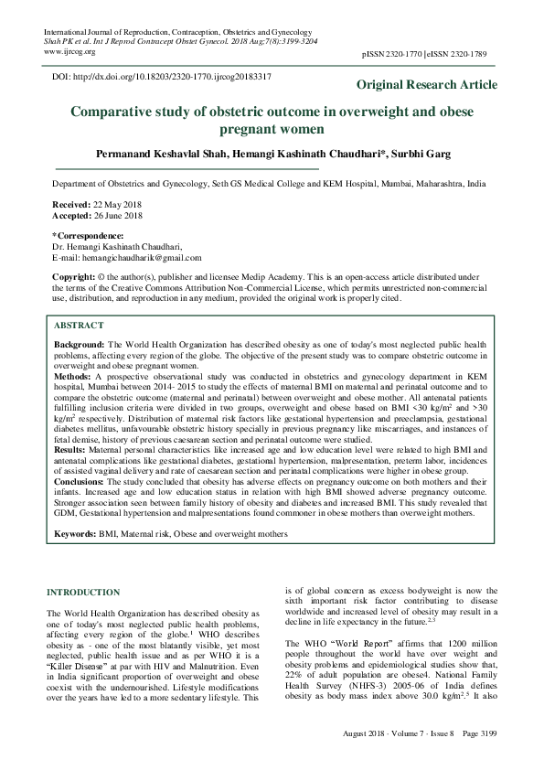 (PDF) Comparative study of obstetric outcome in overweight and obese ...