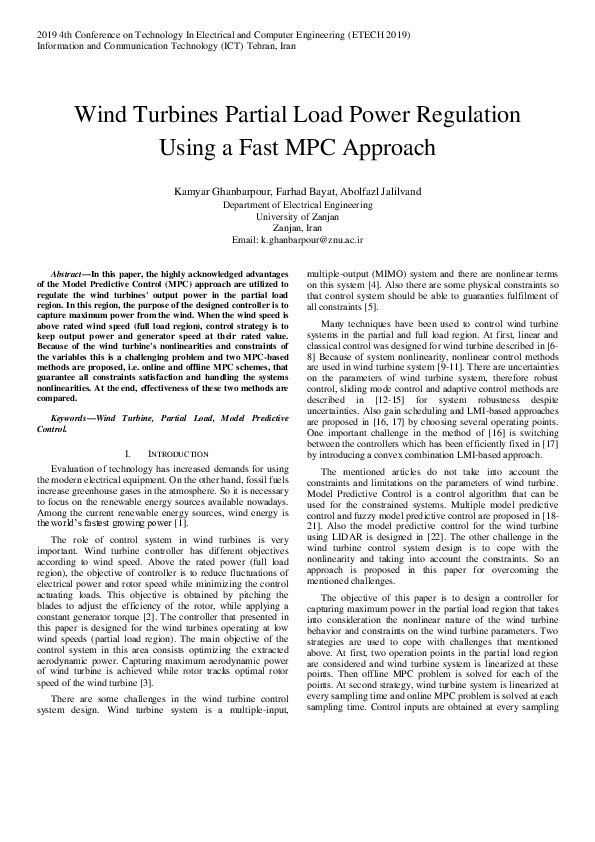 Pdf Wind Turbines Partial Load Power Regulation Using A Fast Mpc Approach