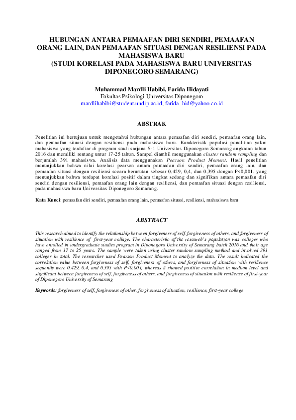 (PDF) Hubungan antara pemafaan diri sendiri, pemaafan orang lain, dan ...