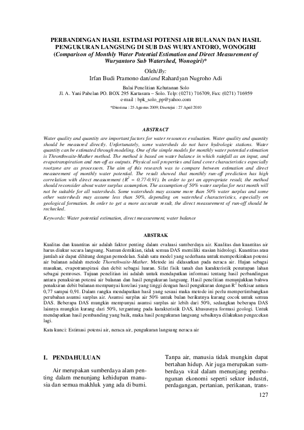 (PDF) Perbandingan Hasil Estimasi Potensi Air Bulanan Dan Hasil ...