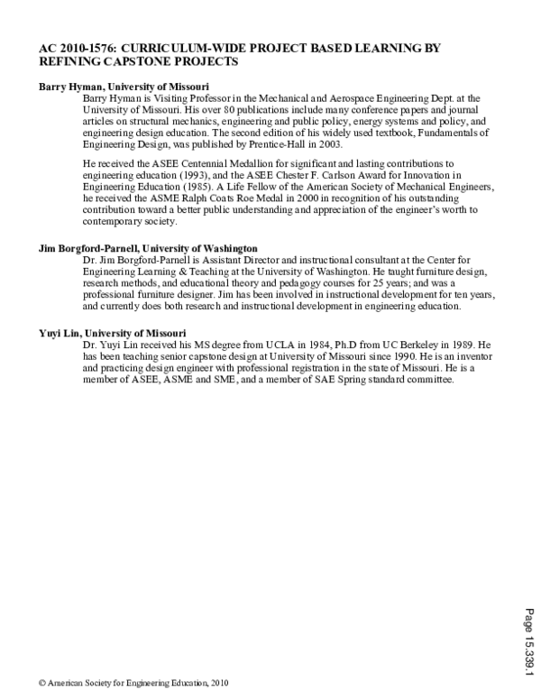 (PDF) Curriculum Wide Project Based Learning By Refining Capstone Projects