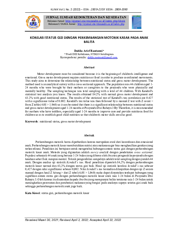 (PDF) Korelasi Status Gizi Dengan Perkembangan Motorik Kasar Pada Anak ...