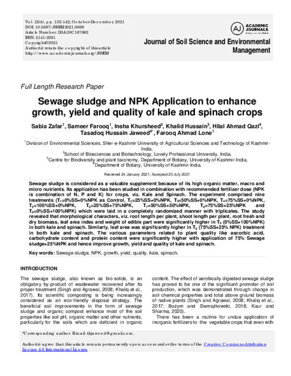 (PDF) Sewage sludge and NPK Application to enhance growth, yield and ...