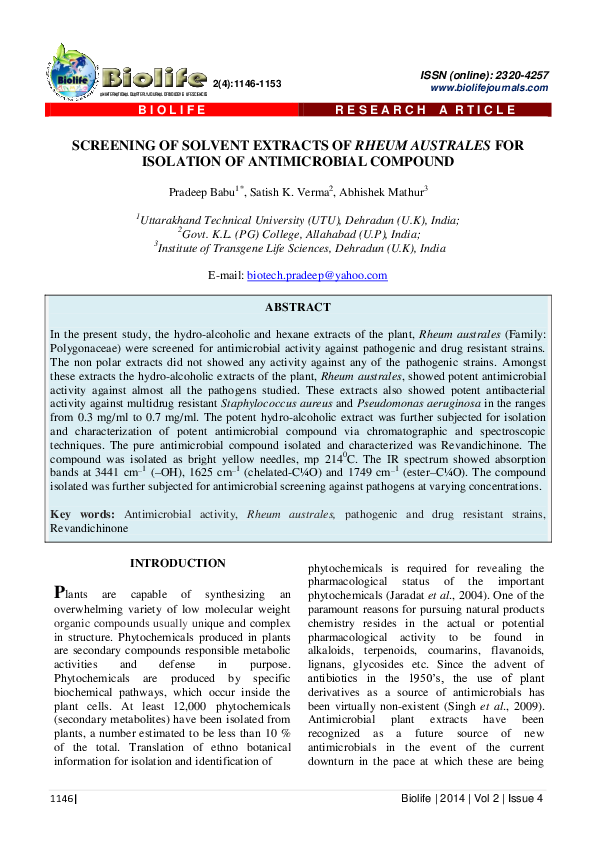 (PDF) Screening of Solvent Extracts of Rheum Australes for Isolation of Antimicrobial Compound