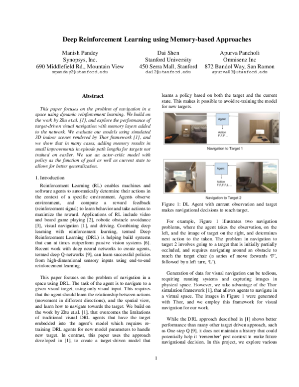 Pdf Deep Reinforcement Learning Using Memory Based Approaches Manish Pandey